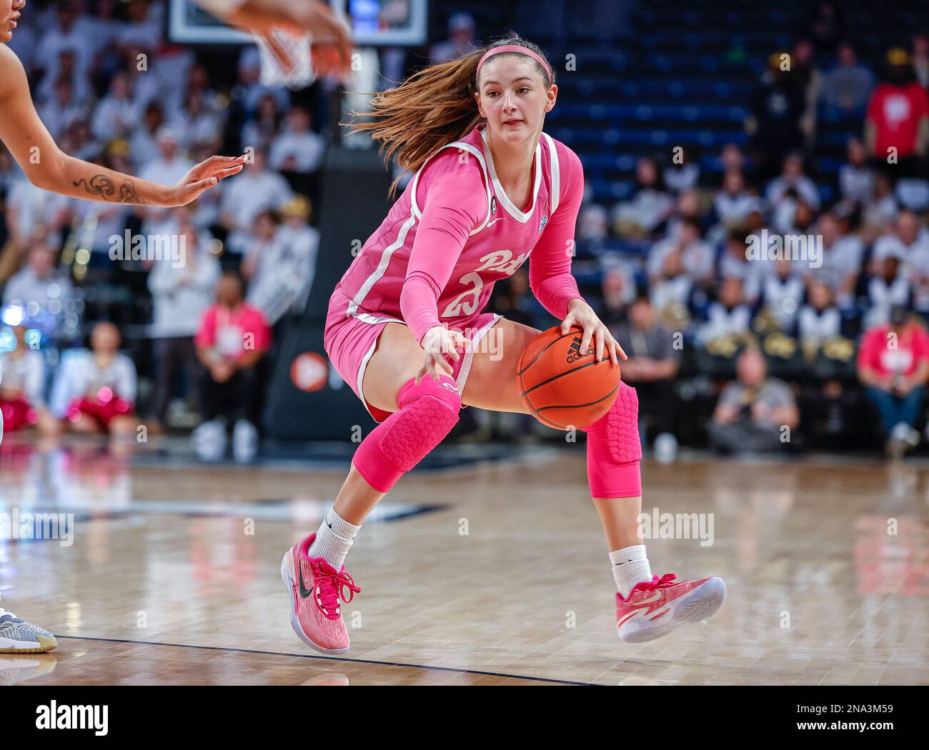 Atlanta, Georgia. 12th Feb, 2023. Pitt's Avery Strickland (23) controls ...