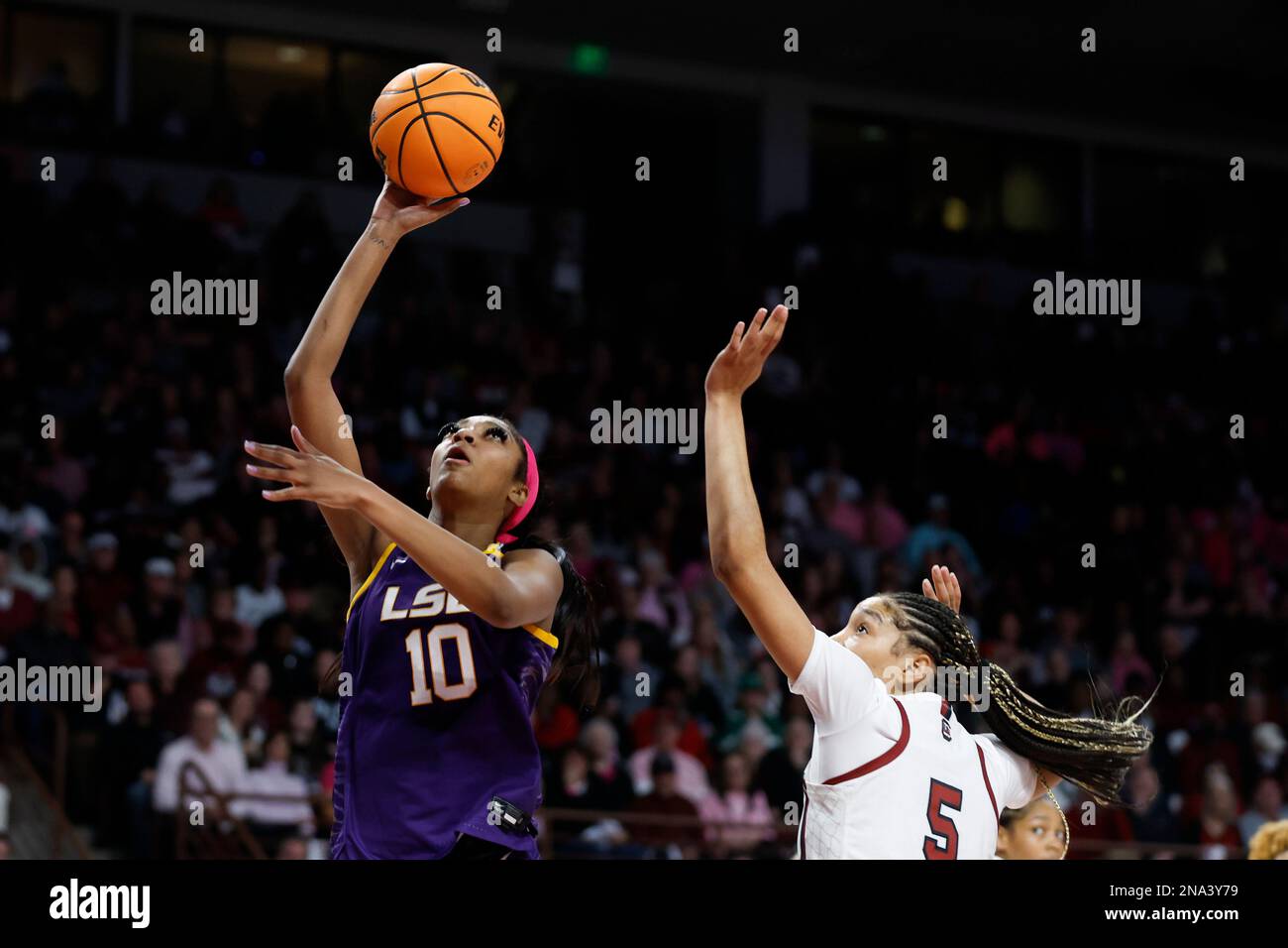 LSU forward Angel Reese (10) shoots ahead of South Carolina forward ...
