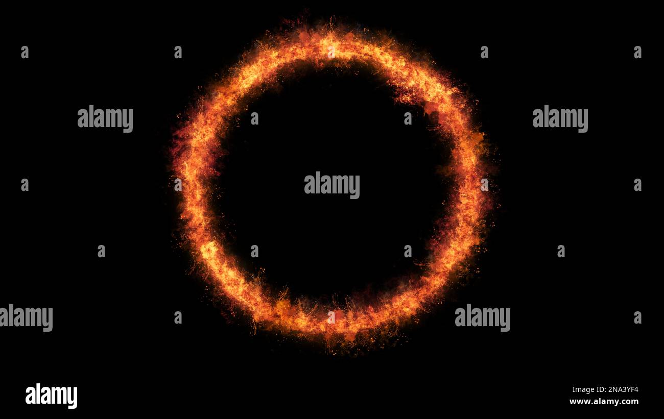 Realistic round or ring fire flame frame on black background. Hole ...