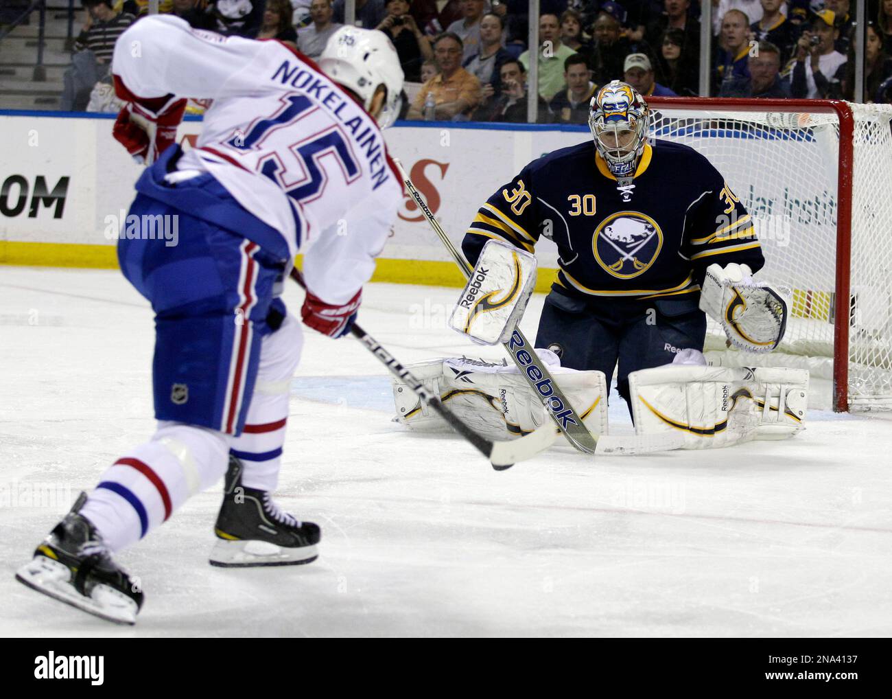 Buffalo Sabres goalie Ryan Miller makes a save on a shot by Montreal ...