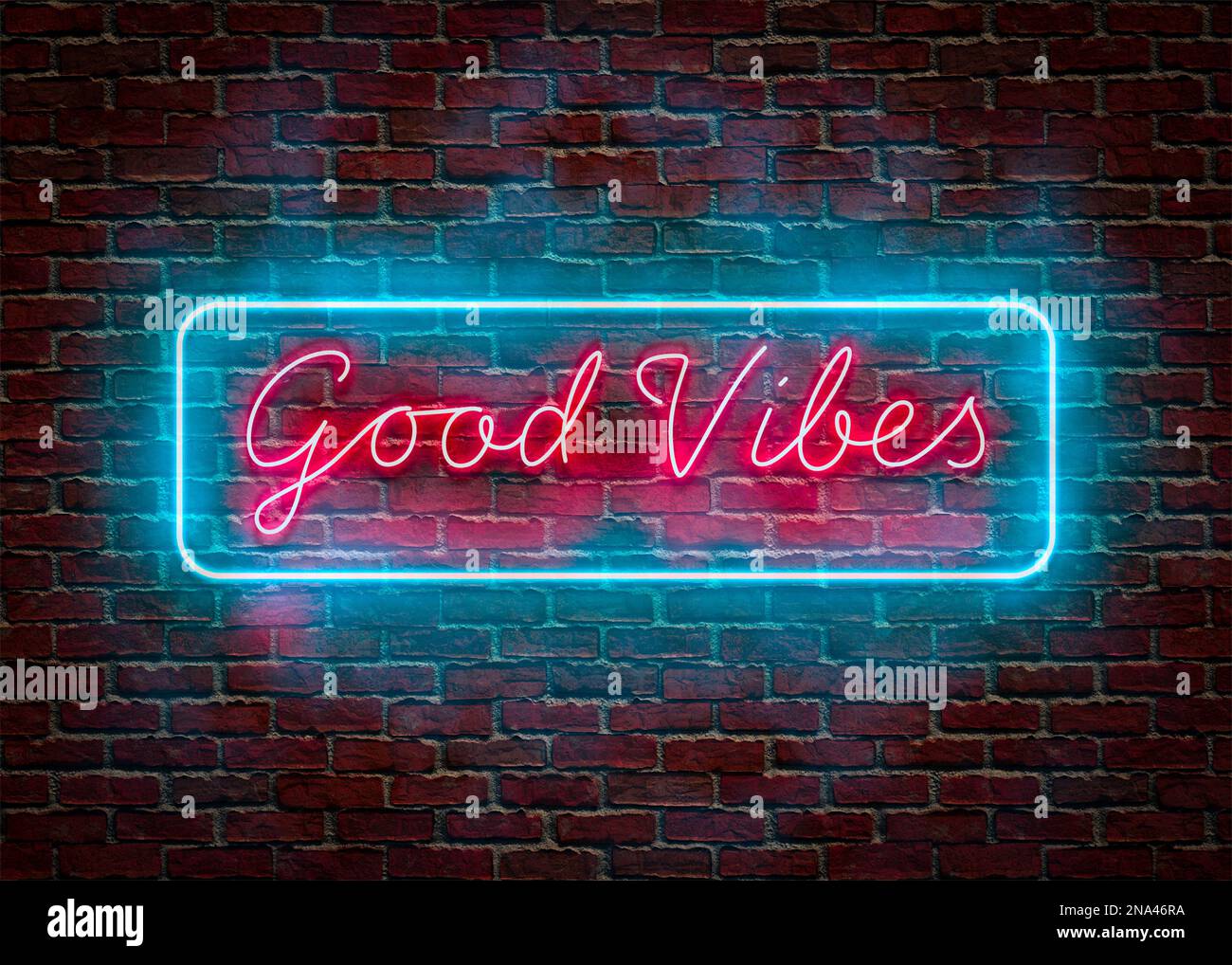 Good Vibes Neon Sign on a red brick wall Stock Photo - Alamy