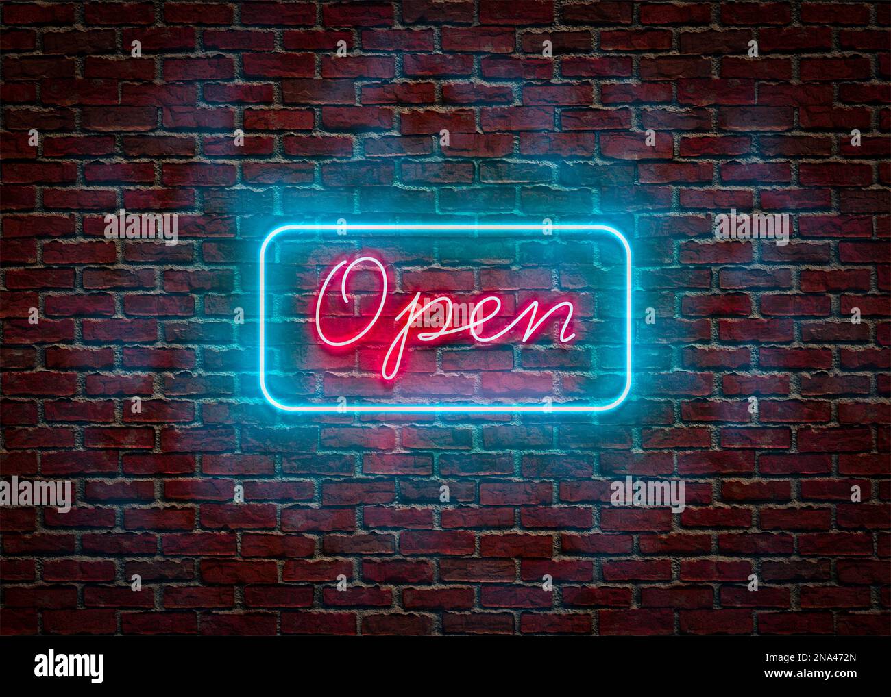 Open Neon Sign on a red brick wall Stock Photo - Alamy