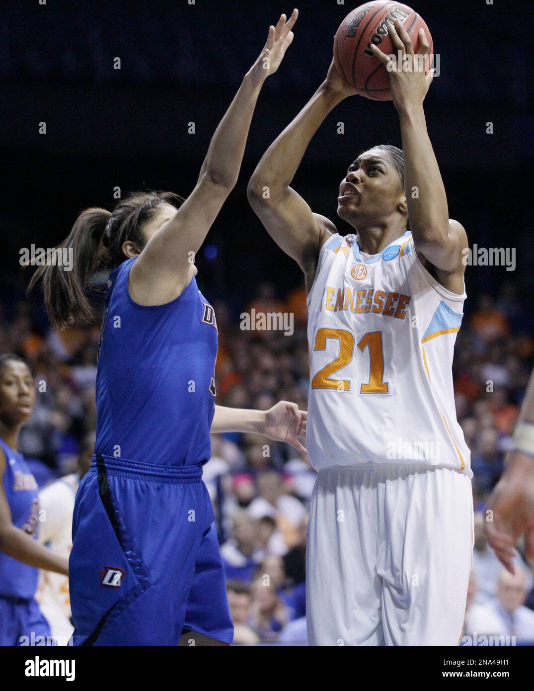 Tennessee forward Vicki Baugh (21) shoots against DePaul during the ...