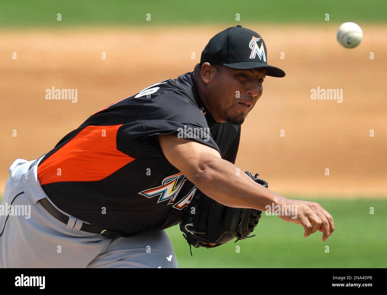 Miami Marlins starting pitcher Carlos Zambrano throws against the St ...