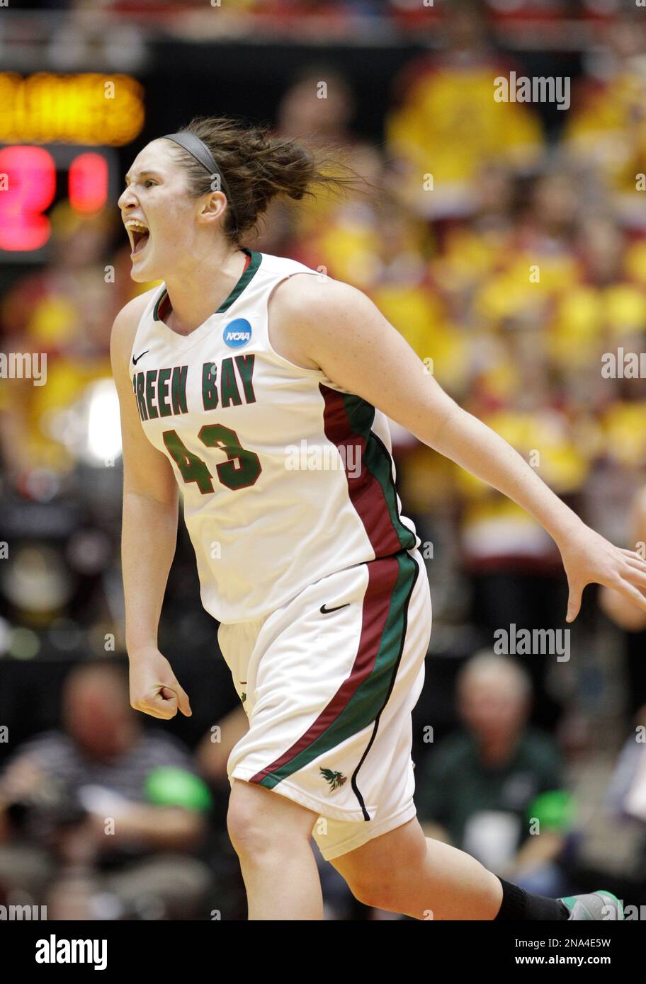 Green Bay forward Sarah Eichler reacts after making a basket during the ...