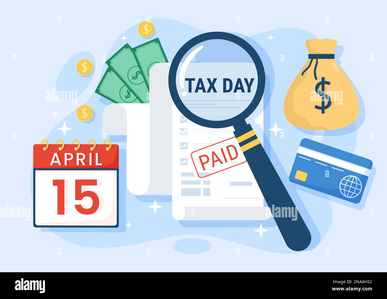 Tax Day Illustration with Clipboard Form, Clock, Calendar and Coins ...
