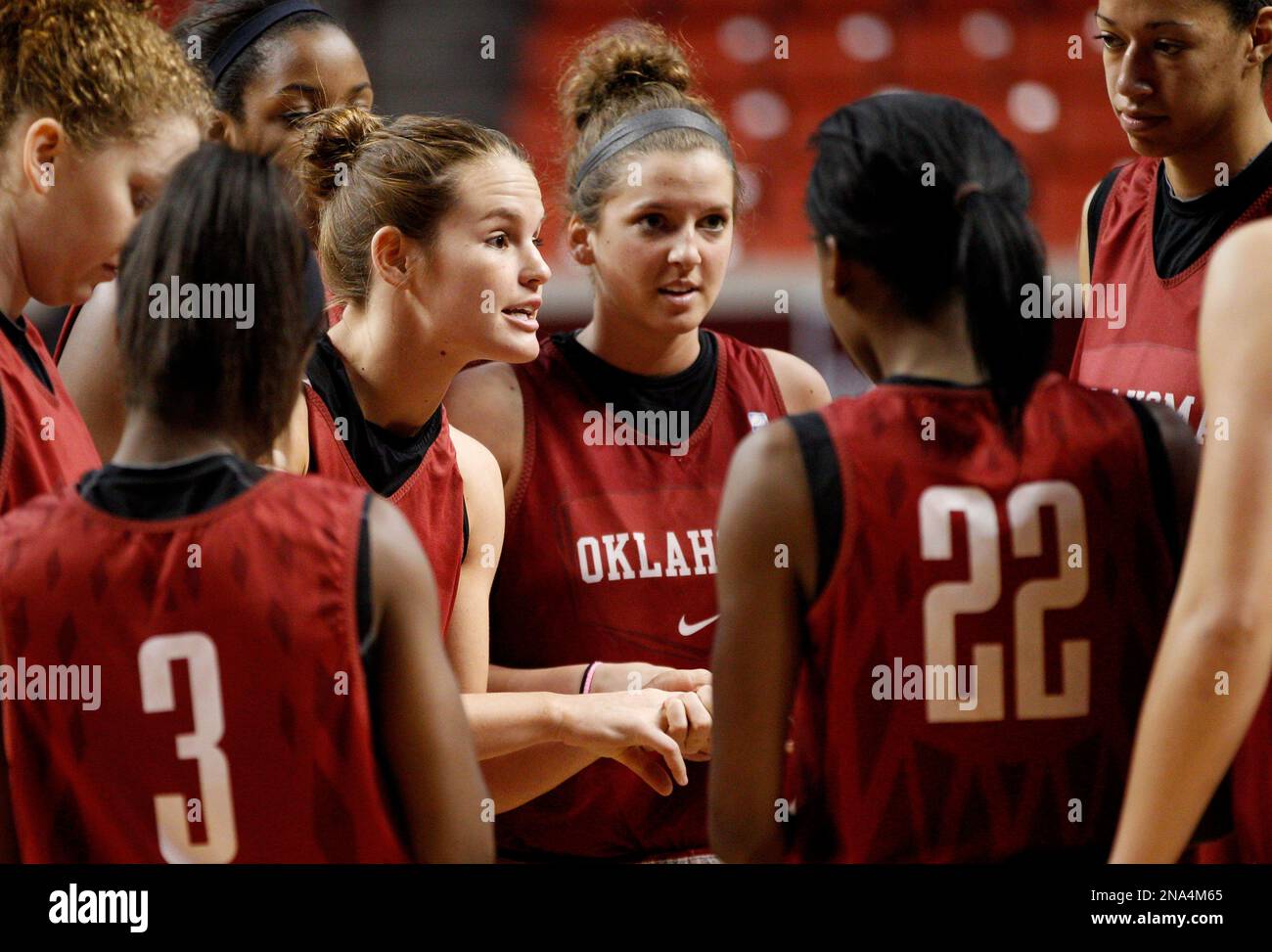 Oklahoma's Whitney Hand, center left, talks with teammates during a ...