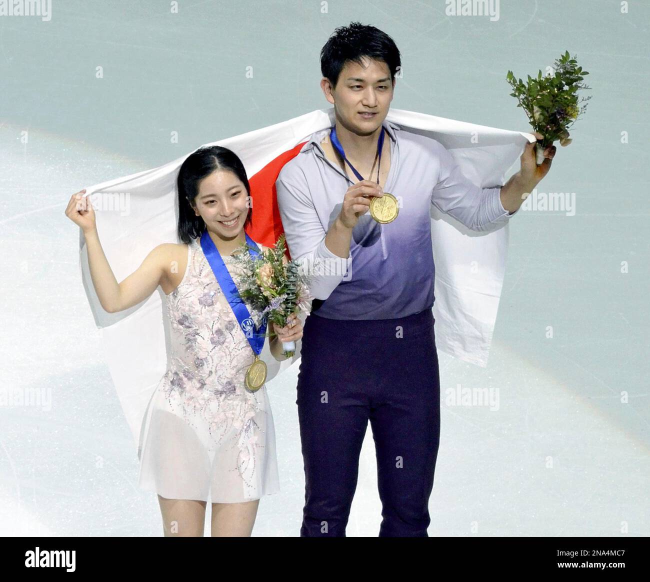 Japanese skater Riku MIURA and Ryuichi KIHARA pose for a photo after ...