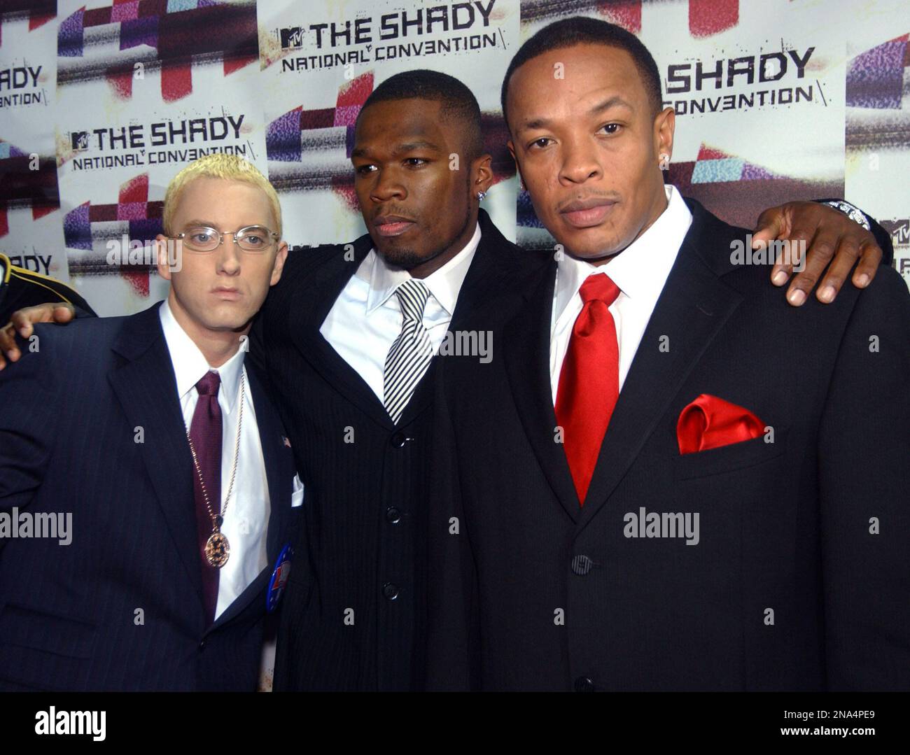 FILE - Rappers Eminem, left, 50 Cent, center, and Dr. Dre pose for ...