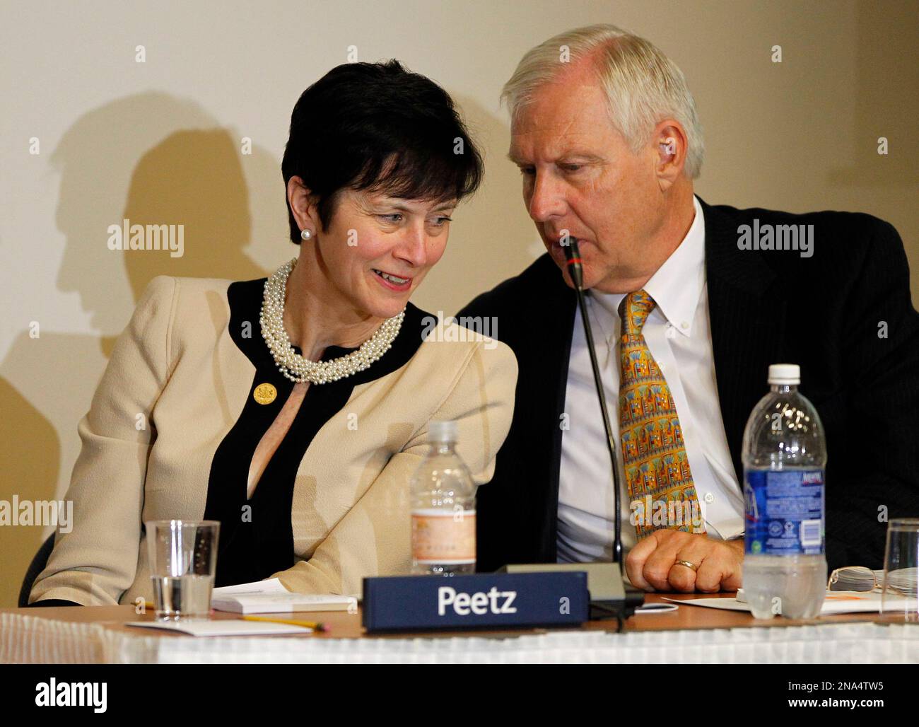 Karen Peetz, left, Chairman of the Penn State Board of Trustees, speaks ...