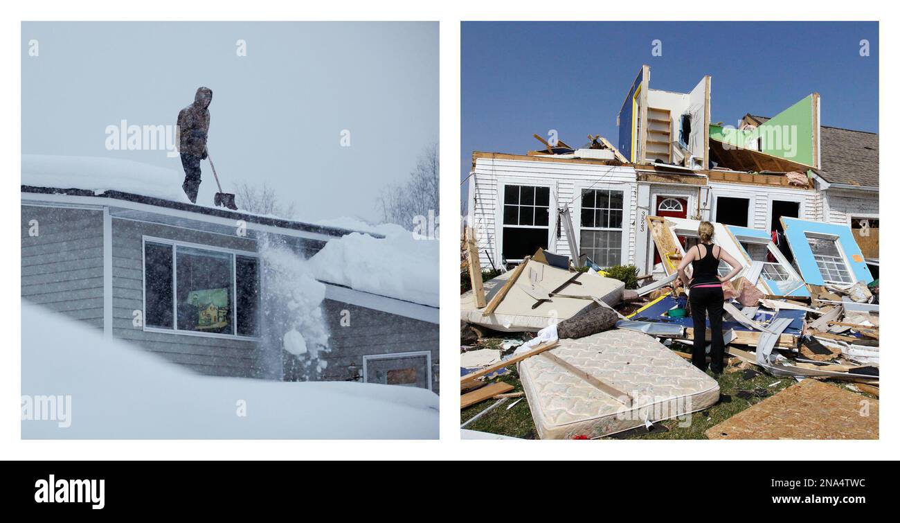 In this combination photo, Doug Hamrick shovels snow off of his family ...