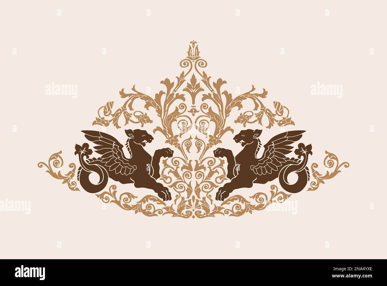Dragons in baroque ornaments. Decorative design and floral element ...