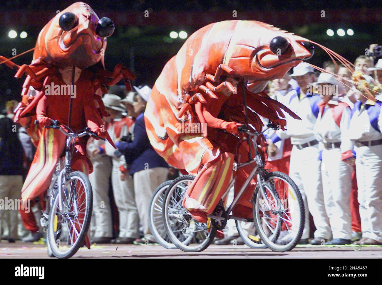 Performers dressed as giant prawns ride bicycles around the track ...