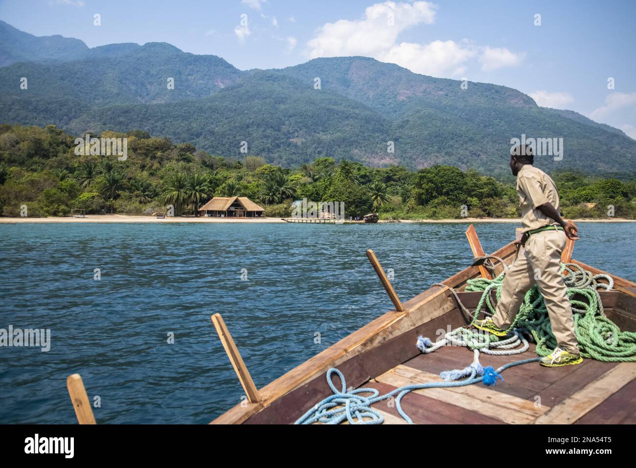 Tour boat approaches Mbali Mbali Mahale Lodge (Kungwe Beach Lodge) in ...