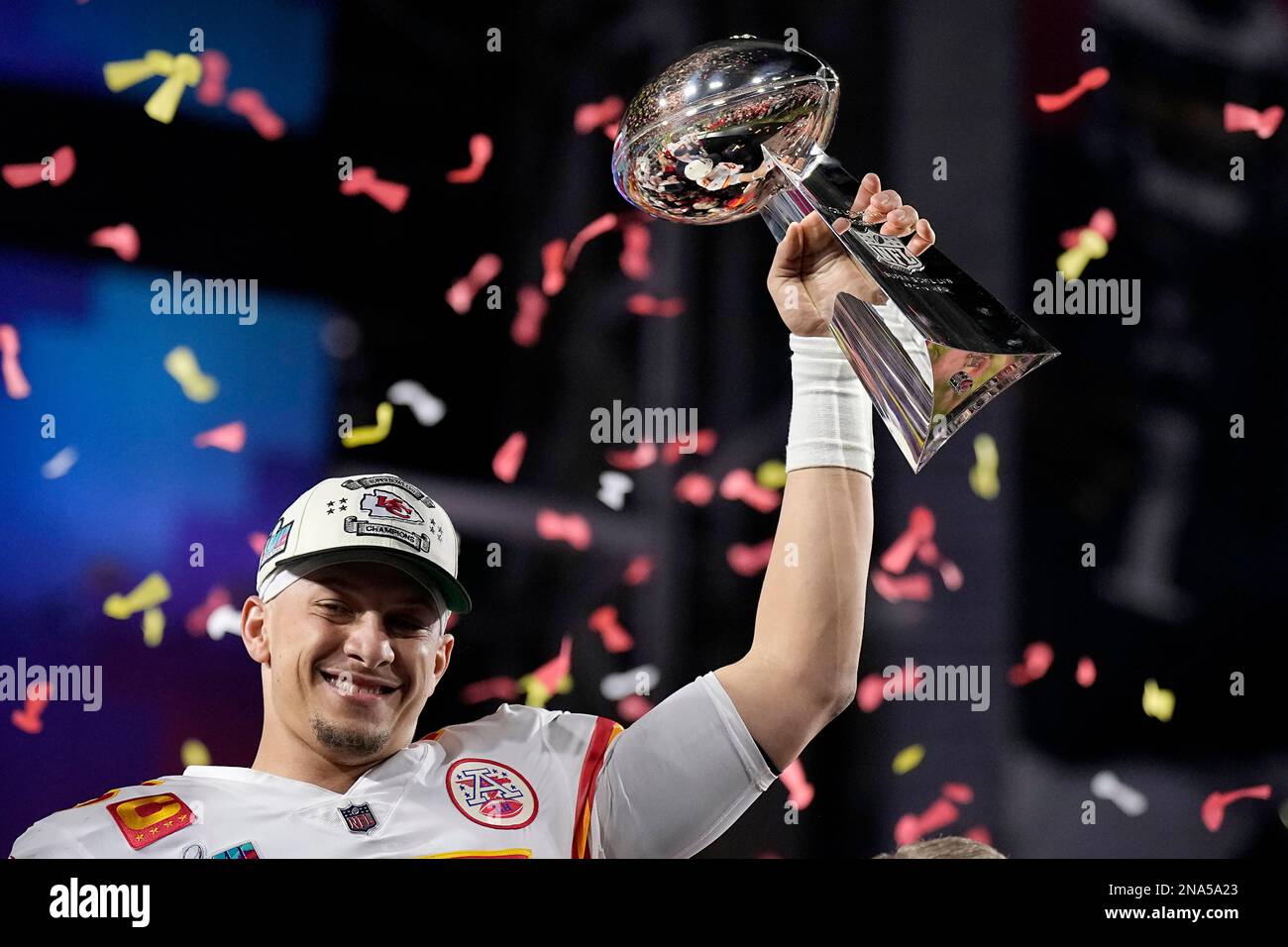 Kansas City Chiefs quarterback Patrick Mahomes holds the Vince Lombardi ...