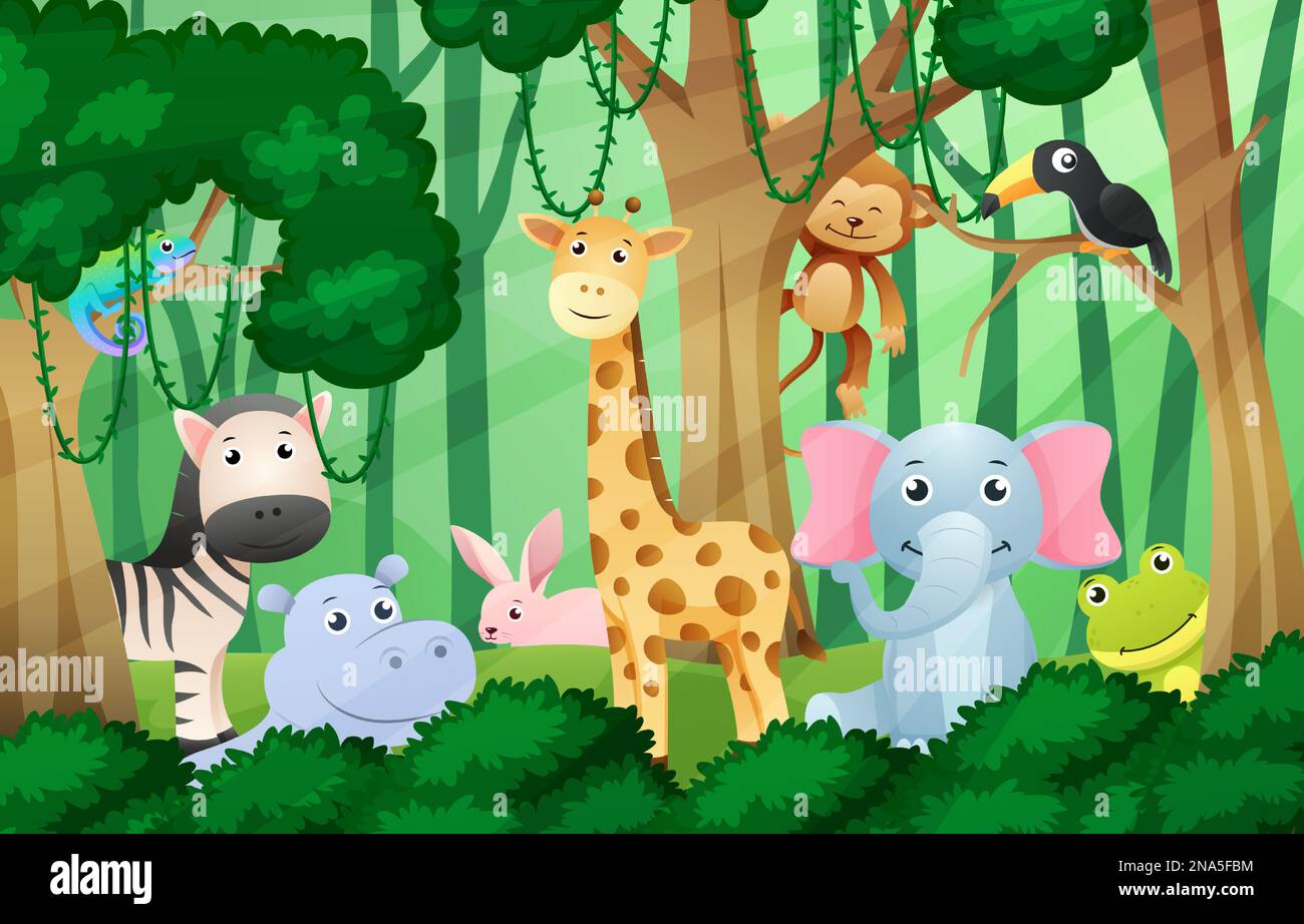 Wildlife animals in jungle scene . Kids style . Vector Stock Vector ...