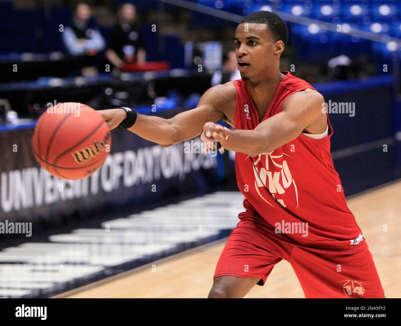 Western Kentucky guard Jamal Crook passes the ball during practic ...