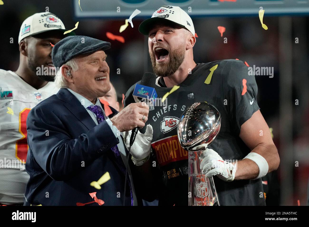 Kansas City Chiefs tight end Travis Kelce (87) holds the Lombardi ...