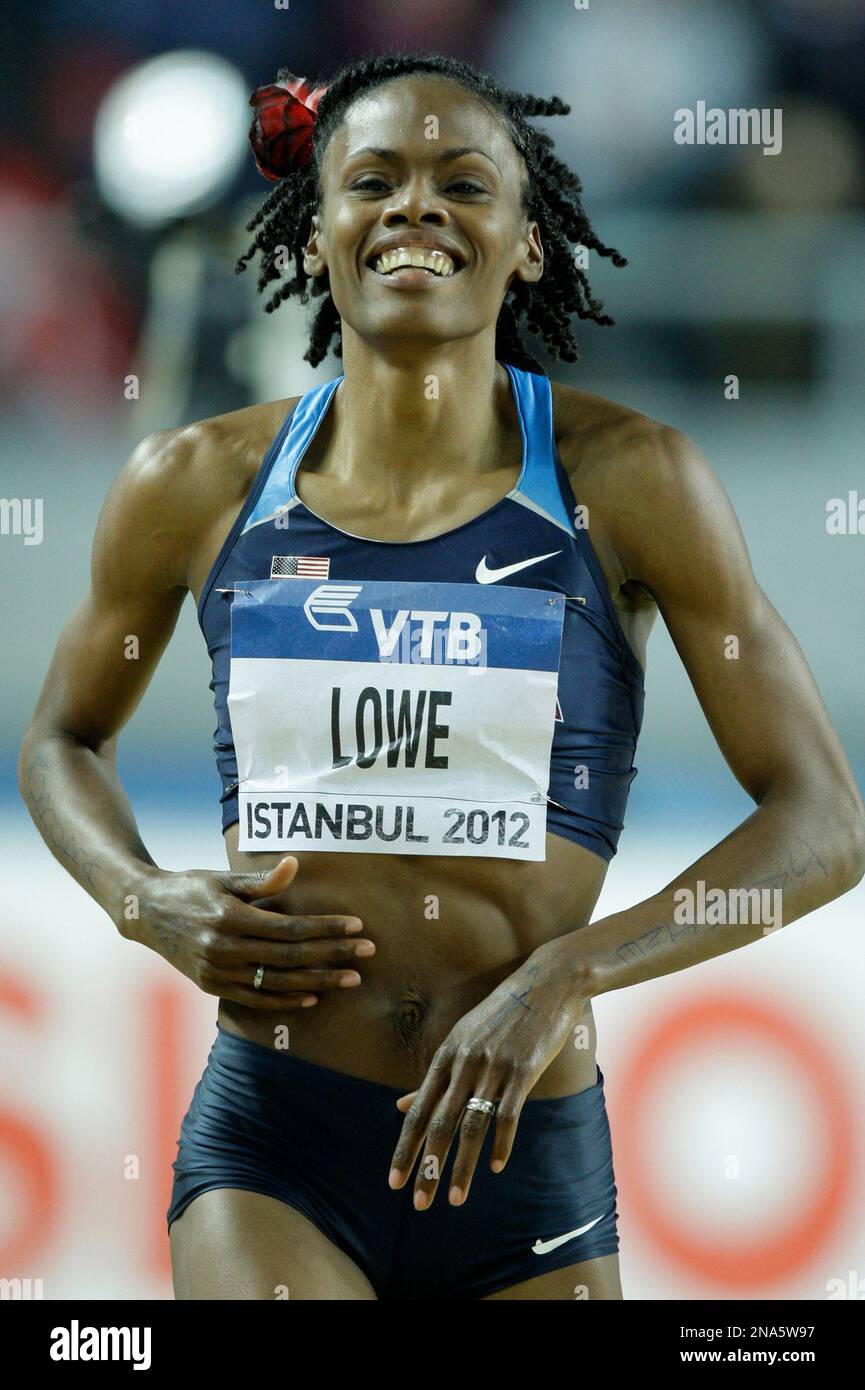 United States' Chaunte Lowe celebrates winning the gold medal in the ...