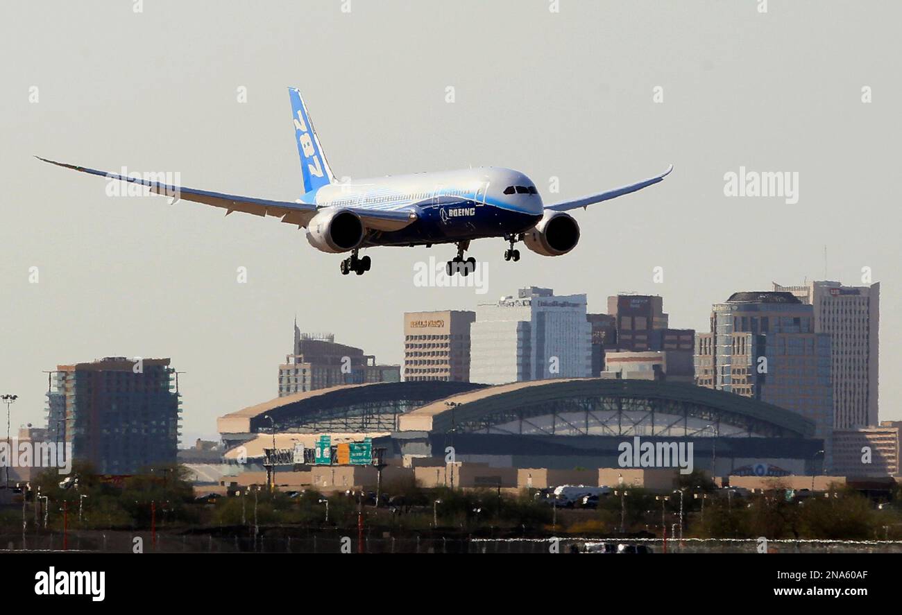 A Boeing 787 Dreamliner jumbo passenger jet lands at Phoenix Sky Harbor Airport, Friday, March 9 ...