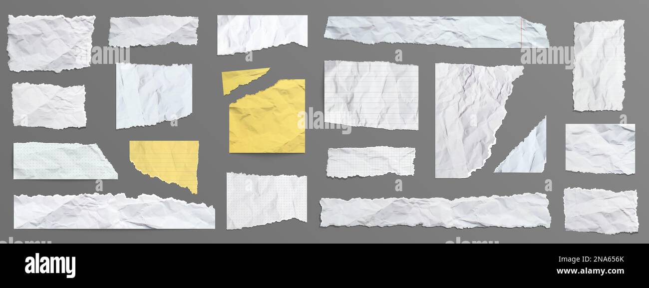 Set of torn and crumpled paper scraps isolated on grey background ...