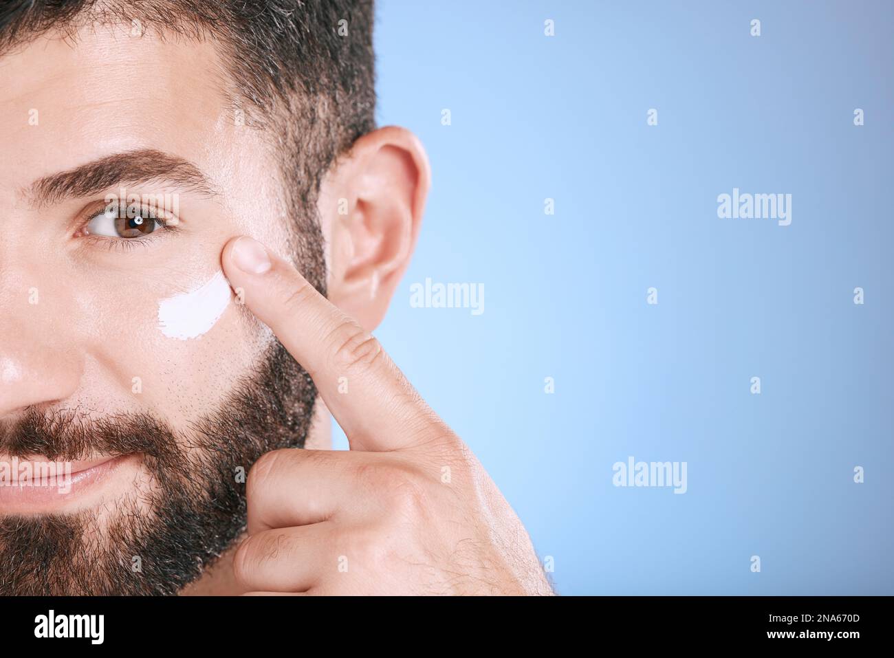 Face, cream and man with skincare mockup, sunscreen and beauty of clean ...