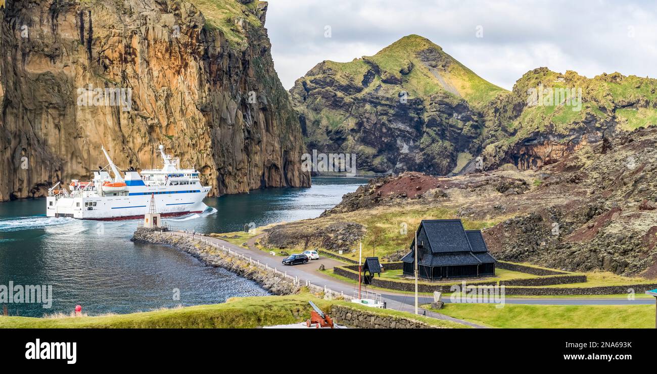 Passenger boat in a harbour of Heimaey Island in the archipelago in ...