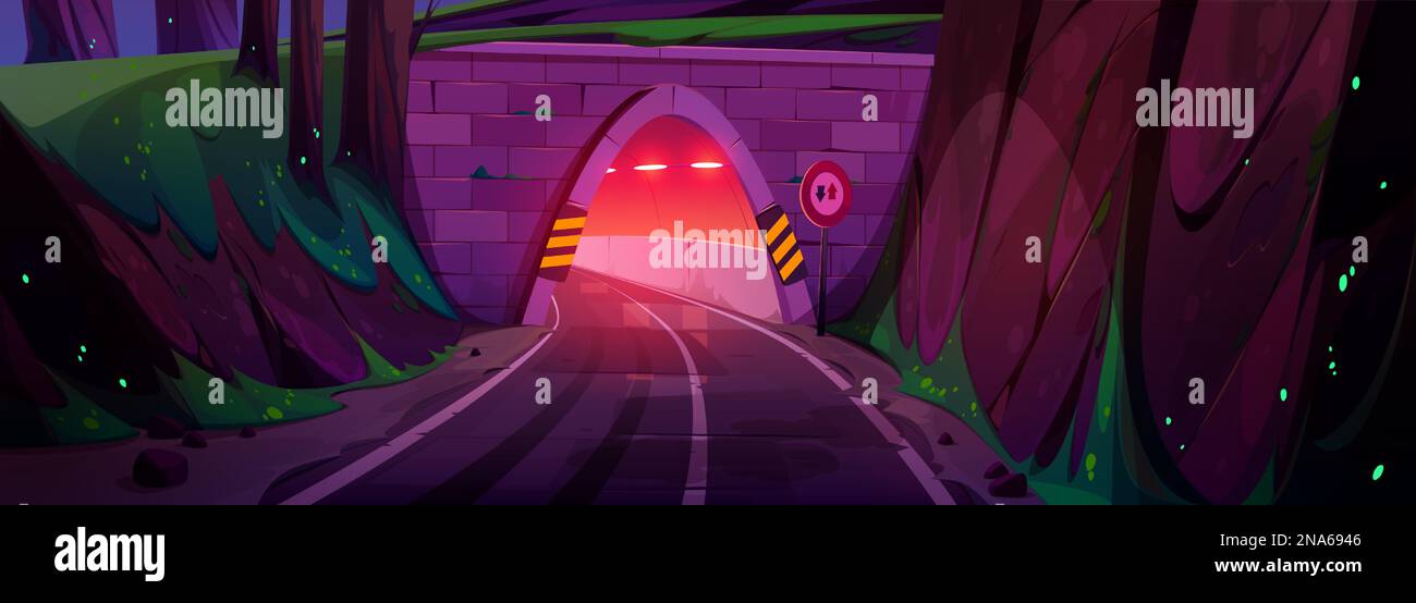 Car road and tunnel entrance. Countryside mountain landscape with empty ...