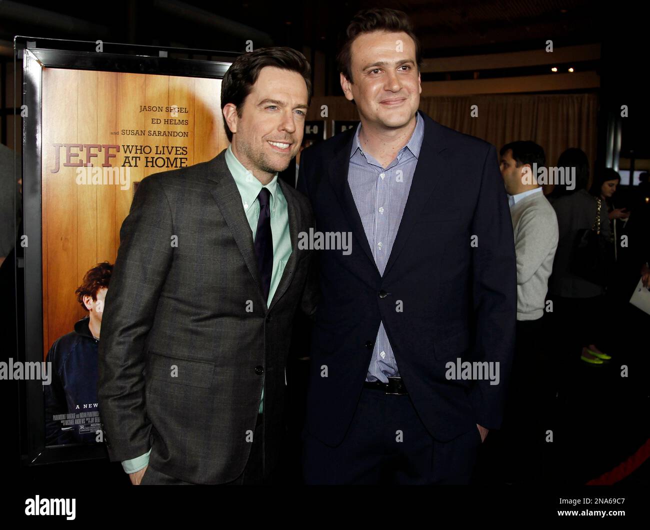 Jason Segel, right, and Ed Helms pose together at the premiere of "Jeff ...