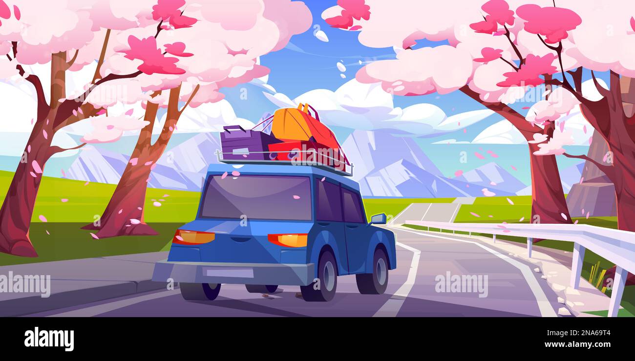 Spring sakura blossom and mountain view vector landscape illustration ...