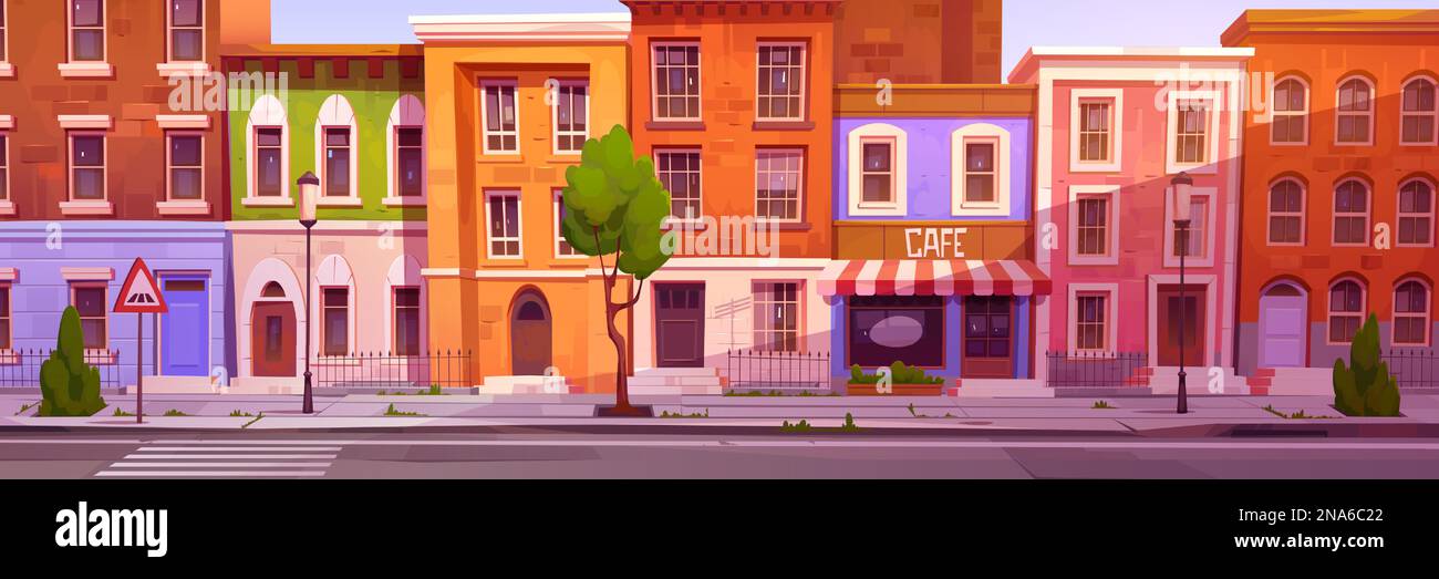Cartoon city street with nice houses and cafe. Vector illustration of ...