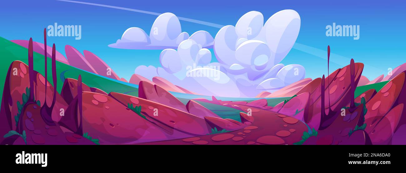 Green valley landscape with river under blue sky and white fluffy ...