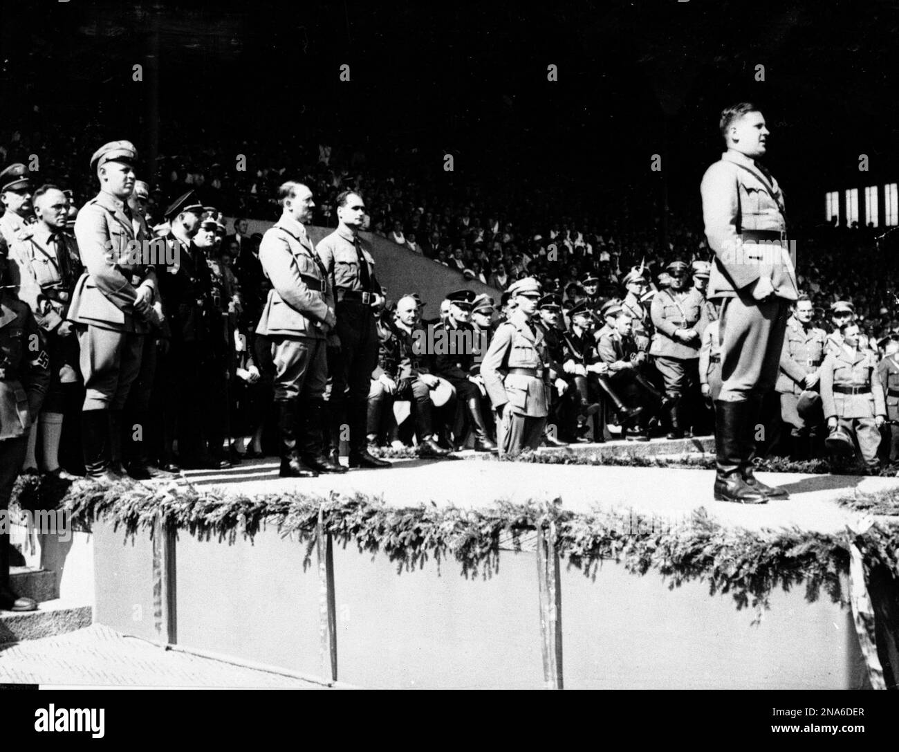 Adolf Hitler speaks to 60,000 young men of the Hitler Youth at ...