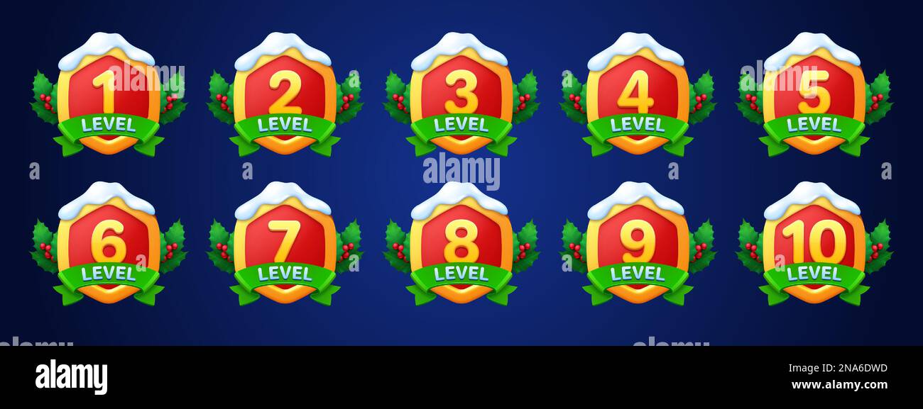 Game winter holiday badges with level number. Achievement rank emblems ...
