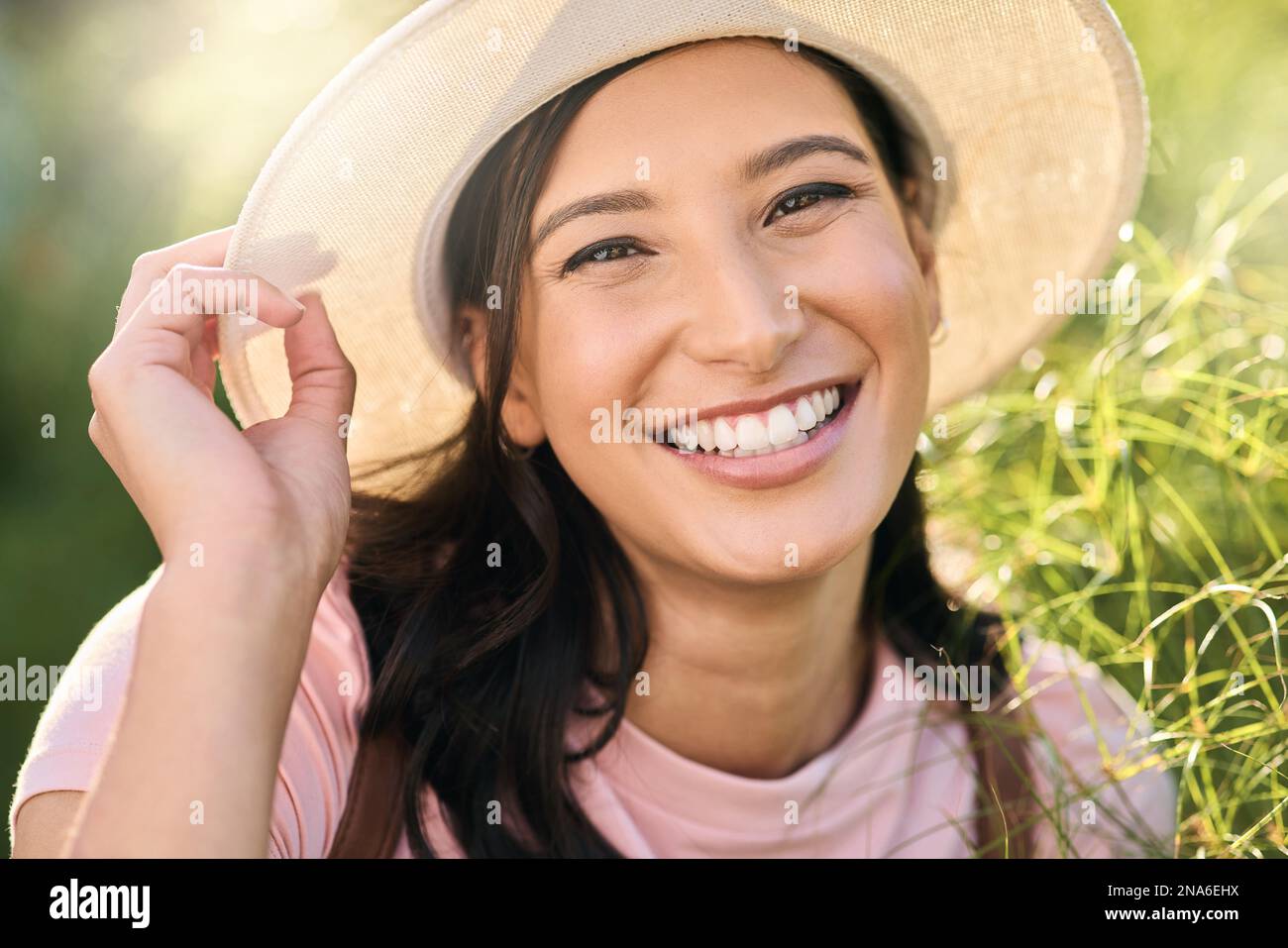 Portrait, woman and smile on countryside vacation, Canadian girl and ...