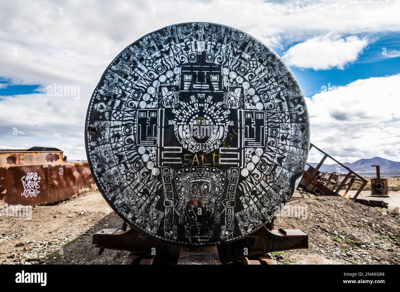 Graffiti on an abandoned tank car in the Train Graveyard of Uyuni ...