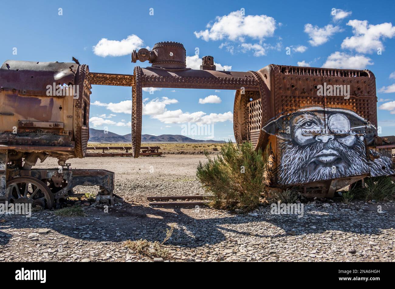 Graffiti on an abandoned tank car in the Train Graveyard of Uyuni ...