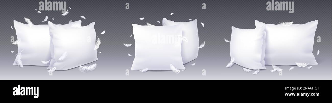 White square pillows and flying feathers realistic vector illustration ...