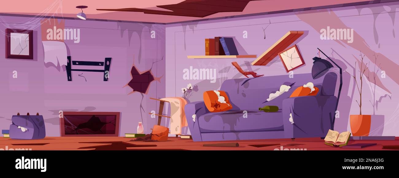 Cartoon vector background with old dirty living room. Abandoned house ...