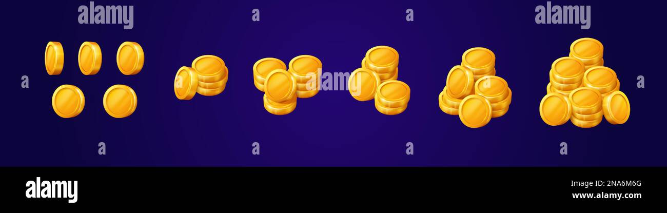 Set of vector cartoon stack of gold coin. Isolated cash treasure pile ...