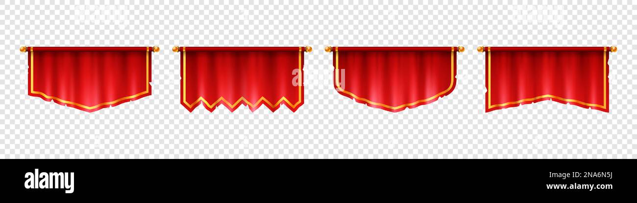 Medieval red flags, hanging royal banners with gold border. Blank cloth ...