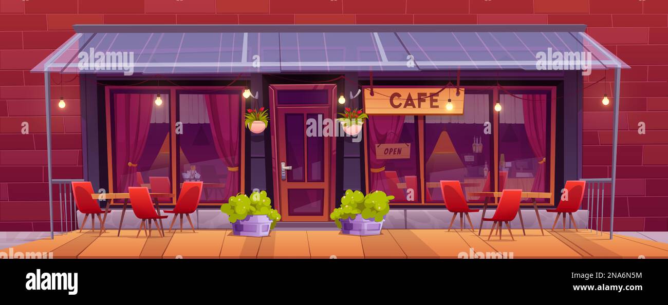 City street with cafe exterior with tables and chairs on terrace ...