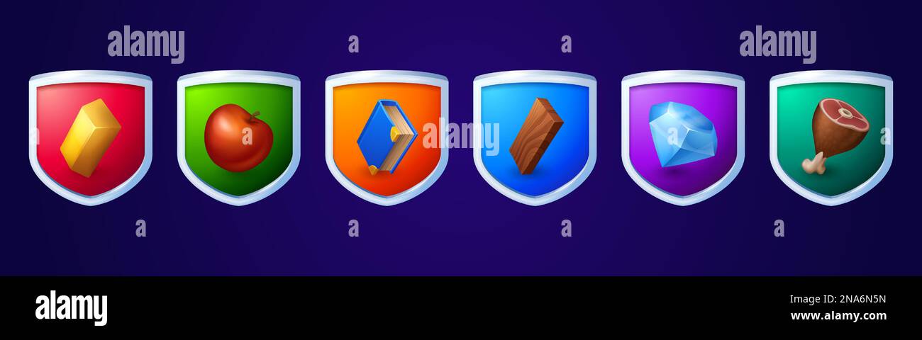 Game badges with resources icons. Shield emblems in silver frame with ...