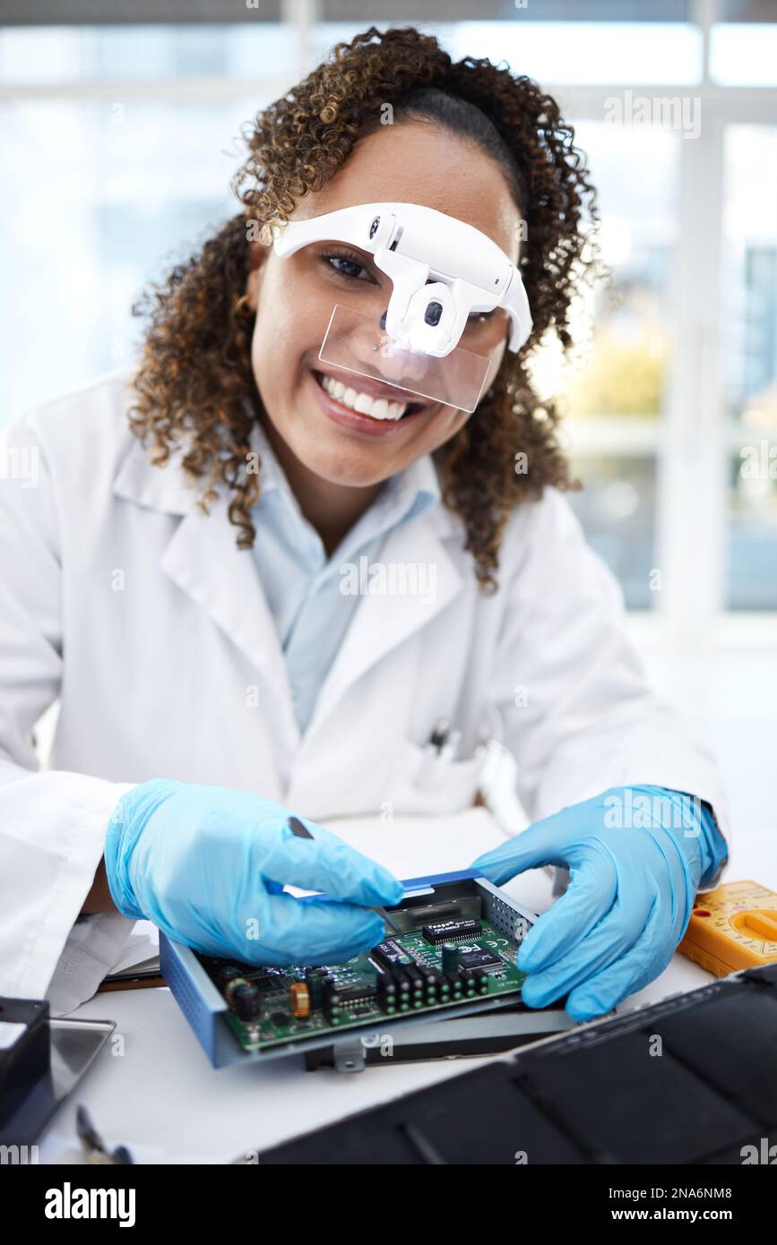 Programming, computer hardware and portrait of black woman with ...