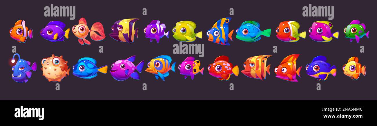 Cartoon set of cute sea fish isolated on dark background. Vector ...