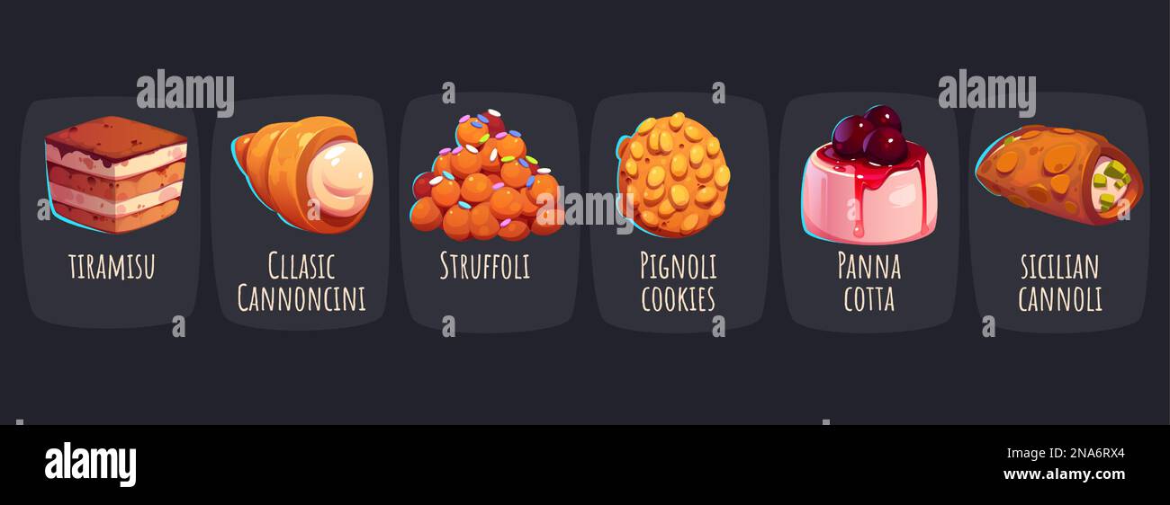 Set of delicious Italian desserts isolated on black background. Vector ...