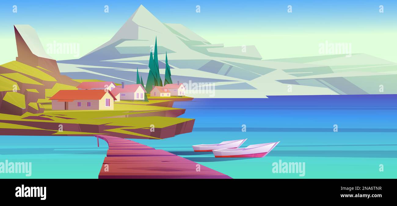 Mountain landscape with lake and island with houses. Wood pier and ...