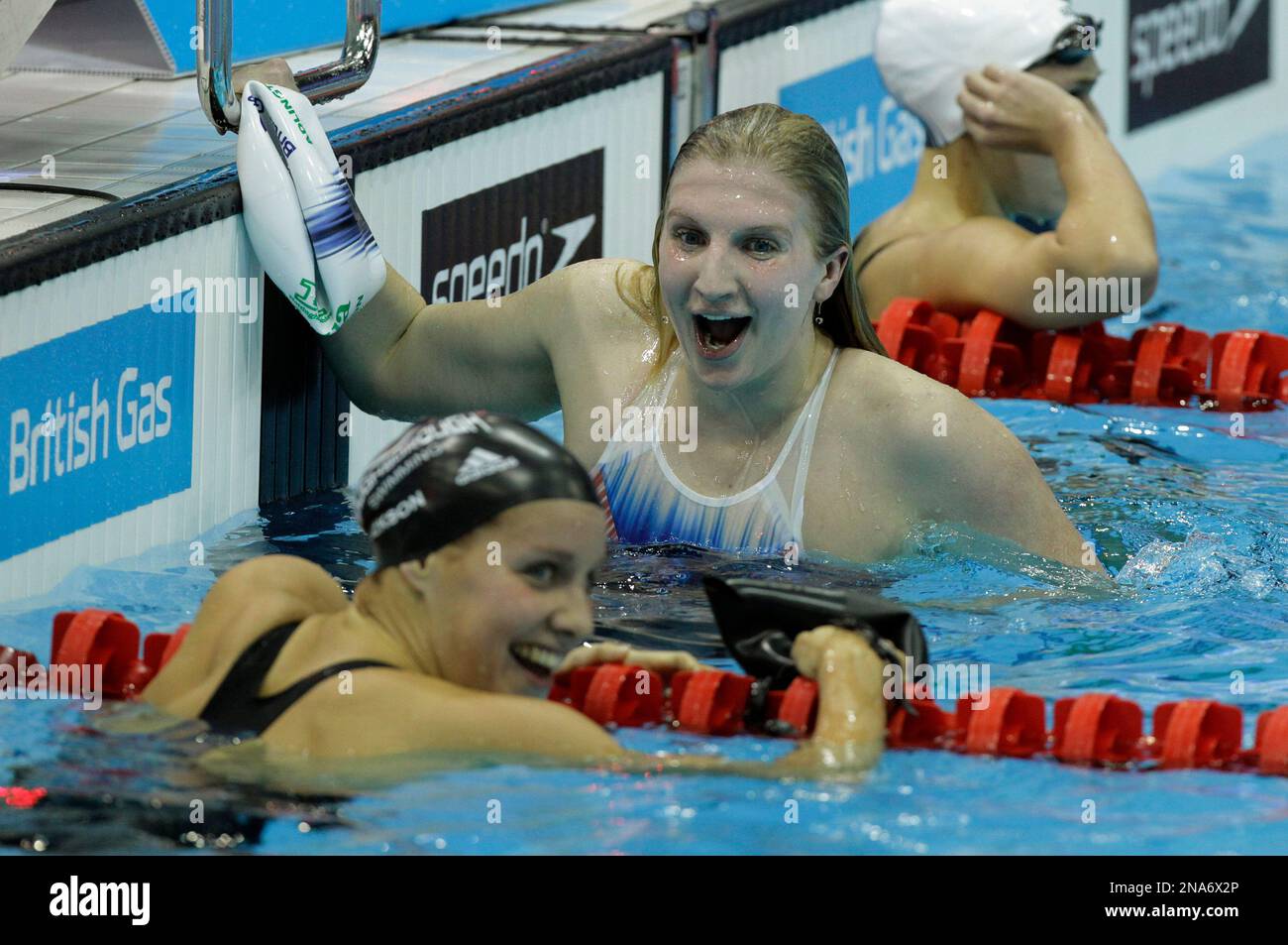 Olympic double gold medalist Britain's Rebecca Adlington, center ...