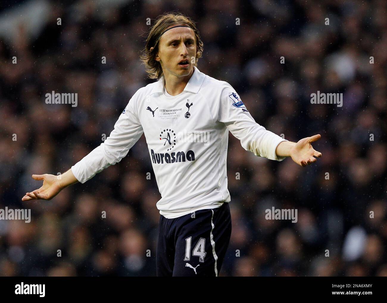 Tottenham's Luka Modric gestures to the referee after a disallowed goal ...