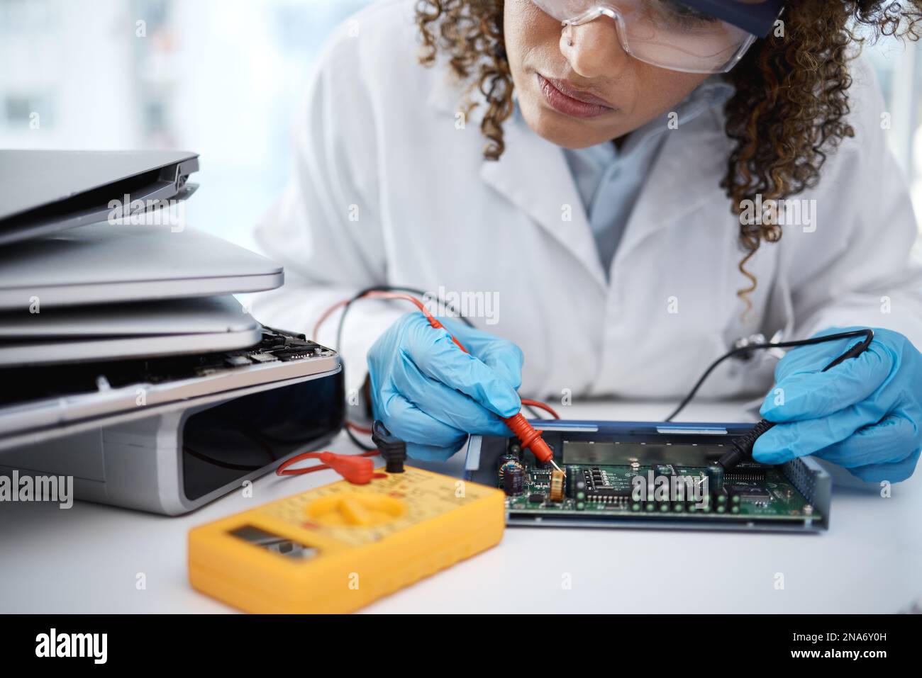 Computer Hardware Diagnostic And Black Woman Electrician Working On Electronic Cpu Circuit And